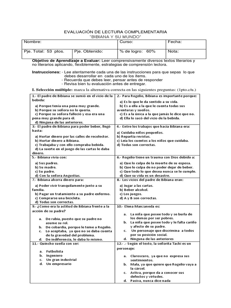 Evaluación de Lectura Complementaria Bibiana y Su Mundo | PDF | Lectura (proceso) | Comprensión ...