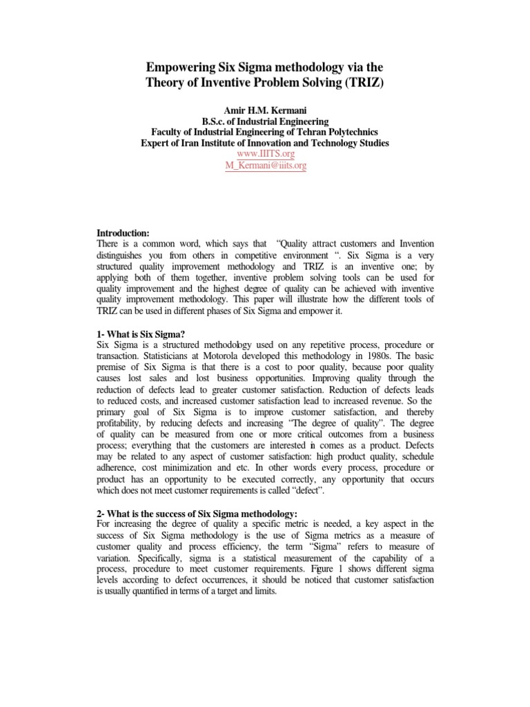 Empowering Six Sigma Methodology Via The Theory of Inventive Problem ...