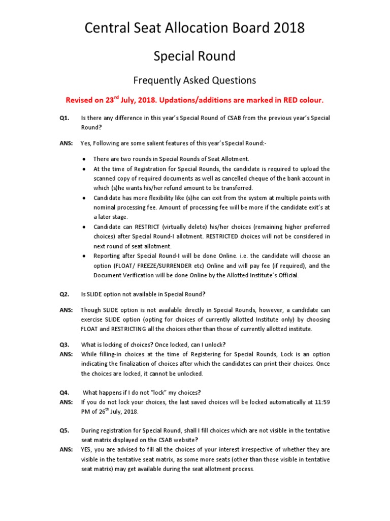 Central Seat Allocation Board 2018: Special Round | PDF | Business