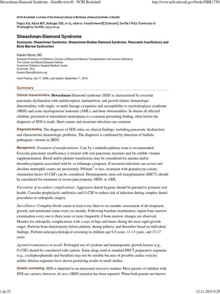 Shwachman-Diamond Syndrome - GeneReviews® - NCBI Bookshelf PDF | PDF ...