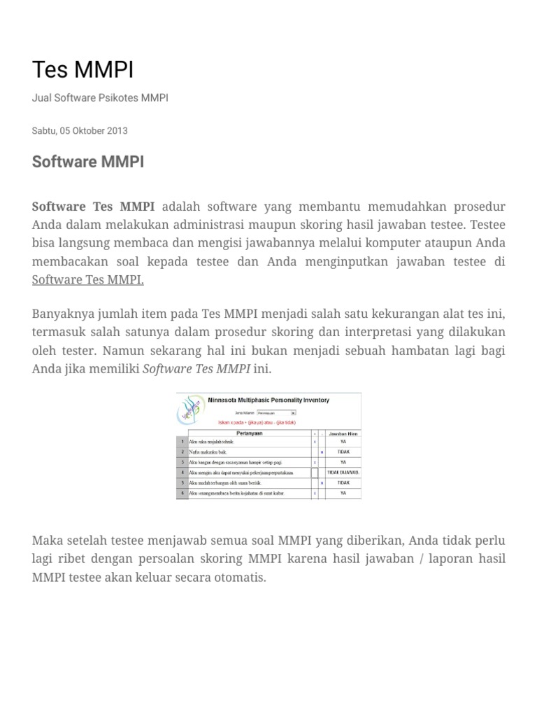 Tes MMPI - Software MMPI PDF | PDF