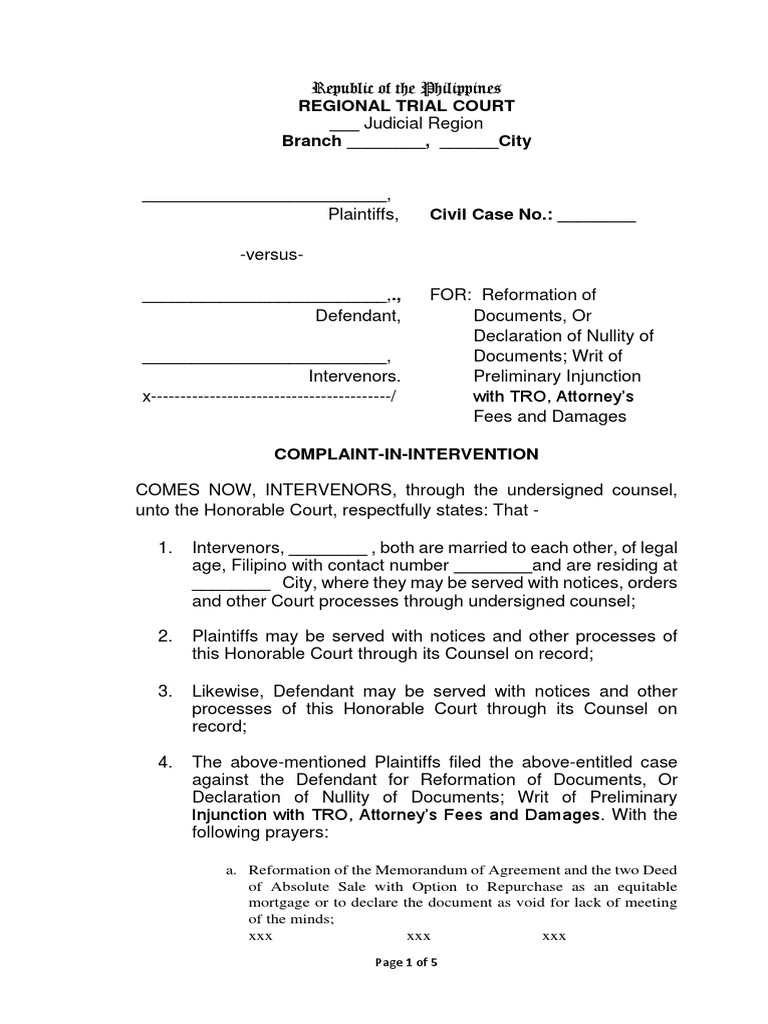 Sample - Complaint in Intervention | PDF | Injunction | Deed