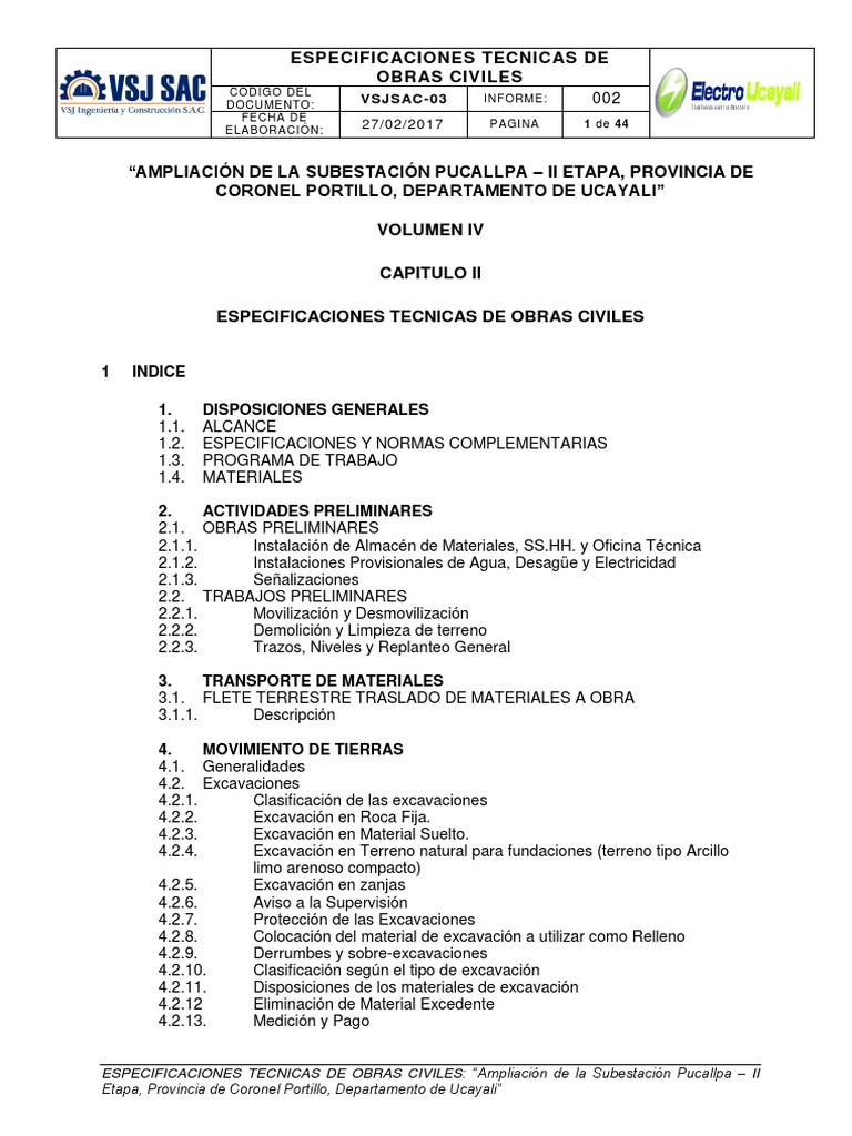 Vol IV Especificaciones Tecnicas de Obras Civiles | PDF | Fundación (Ingeniería) | Topografía