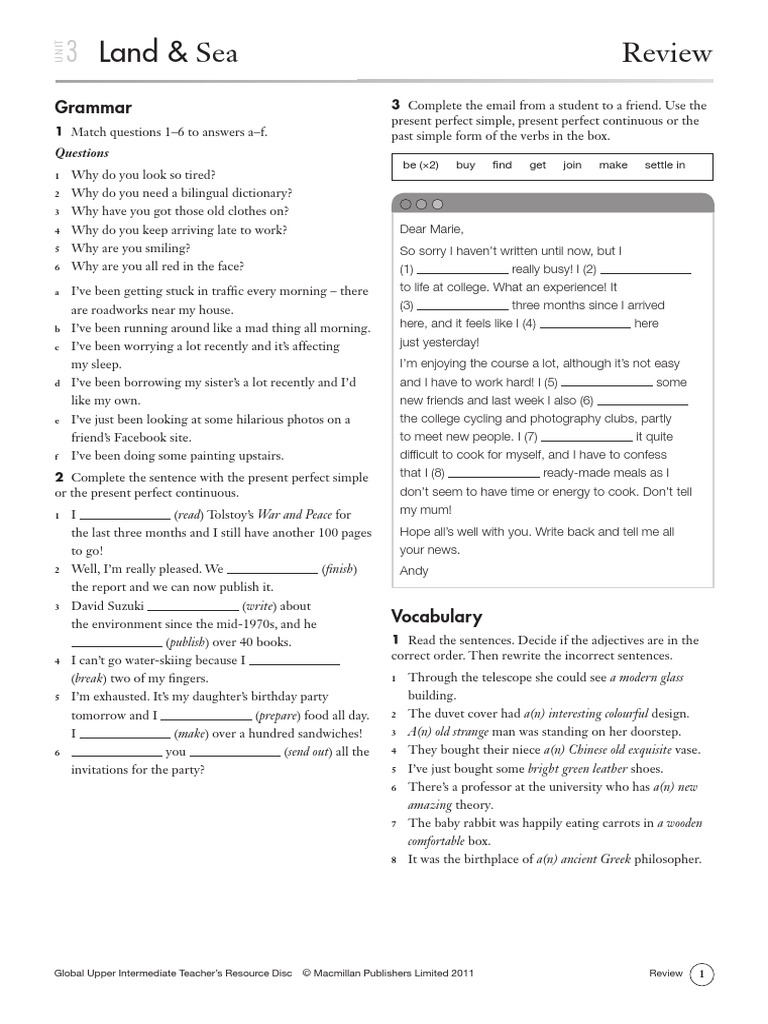 Global Unit03 Land and Sea Review | PDF | Linguistics | Grammar