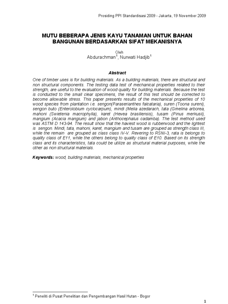 Mutu Beberapa Jenis Kayu Tanaman Untuk Bahan Bangunan Berdasarkan Sifat ...