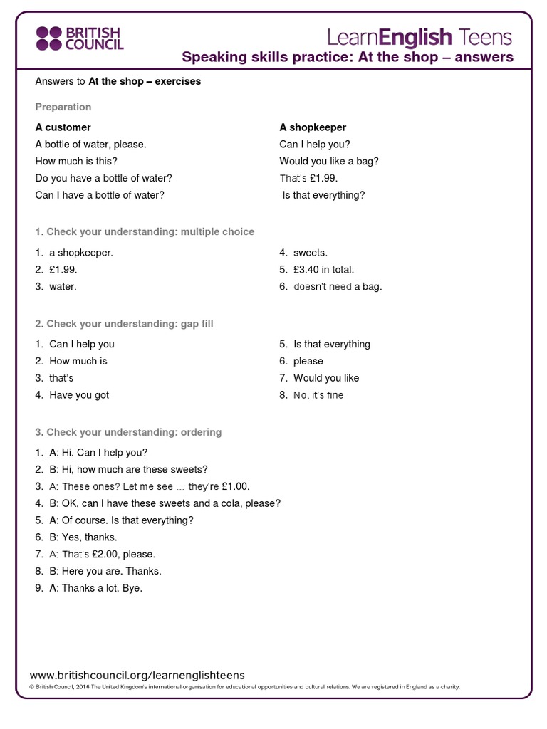 Shop Dialogue Practice Answers | PDF