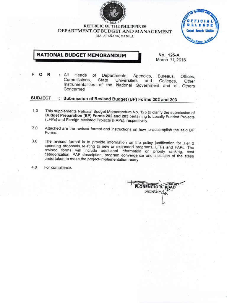 NBM No. 125 - A - Submission of Revised Budget (BP) Forms 202 and 203 ...