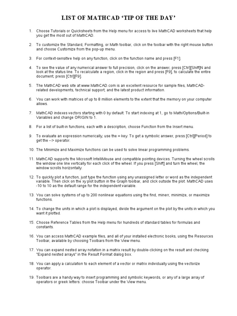 List of Mathcad Tip of The Day' | PDF | Menu (Computing) | Matrix ...