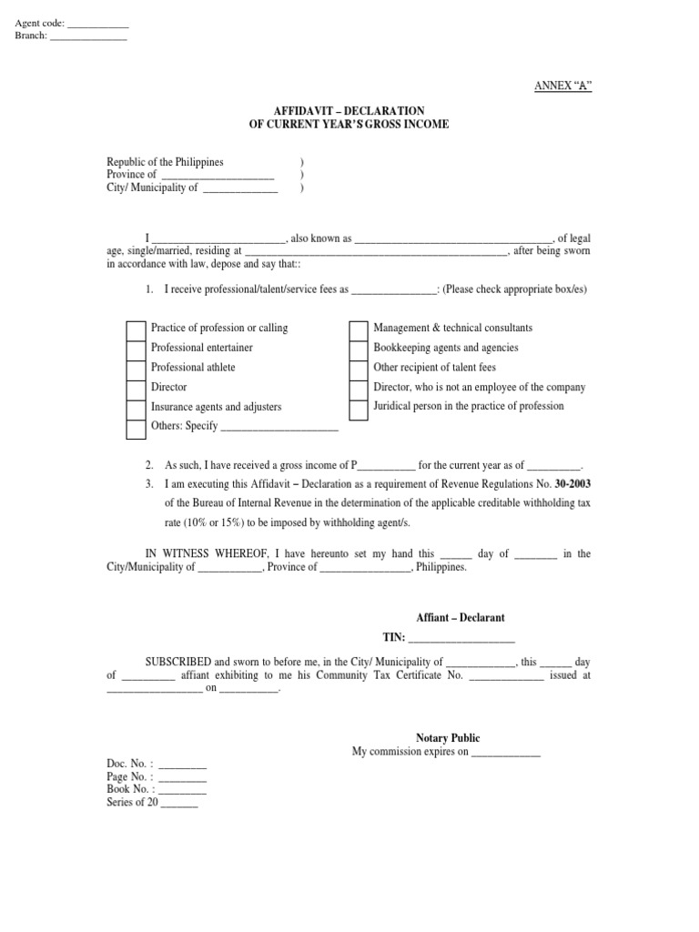 Affidavit Declaration Form Pdf Withholding Tax Affidavit