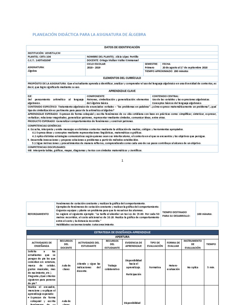 Planeacion Didactica - Algebra 1 | PDF | Evaluación | Álgebra