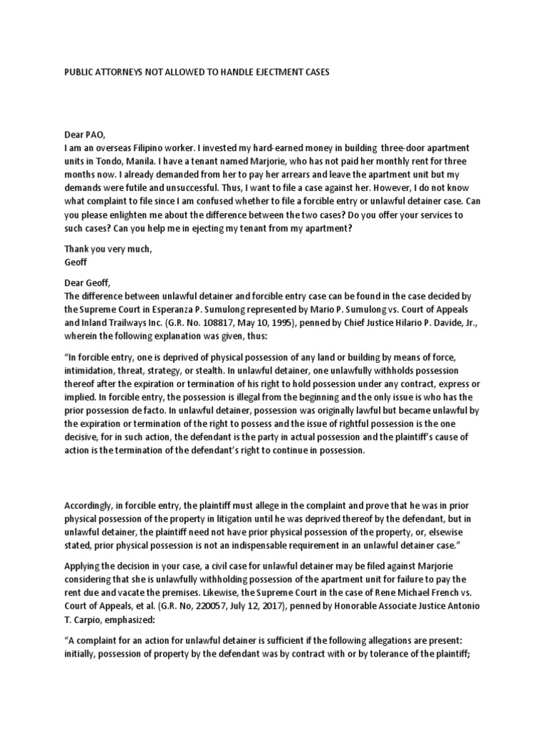 Public Attorneys Not Allowed To Handle Ejectment Cases | PDF | Eviction ...