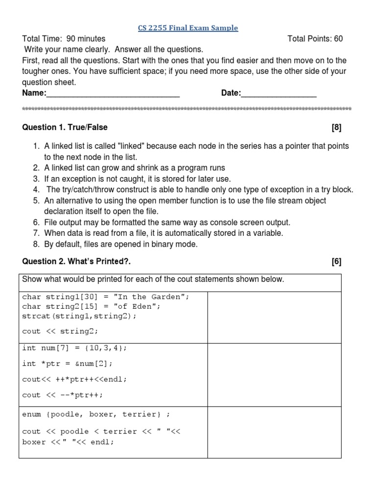 CS 2255 Final Exam Sample | Subroutine | Array Data Structure