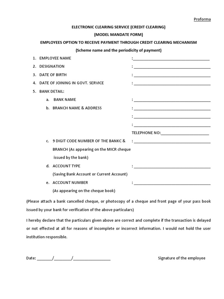 Employee Mandate Form for Electronic Payments through Credit Clearing | PDF