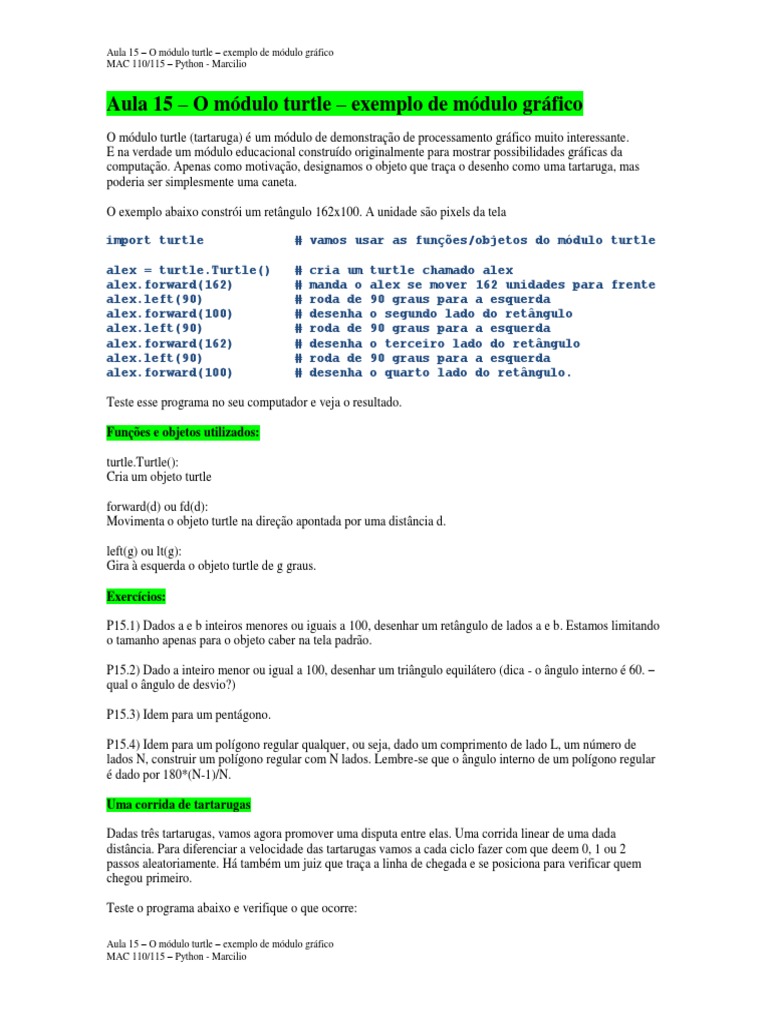 Aula15 - Python - O Modulo Turtle PDF | PDF | Python (linguagem de ... Aula15 - Python - O Modulo Turtle PDF | PDF | Python (linguagem de ...