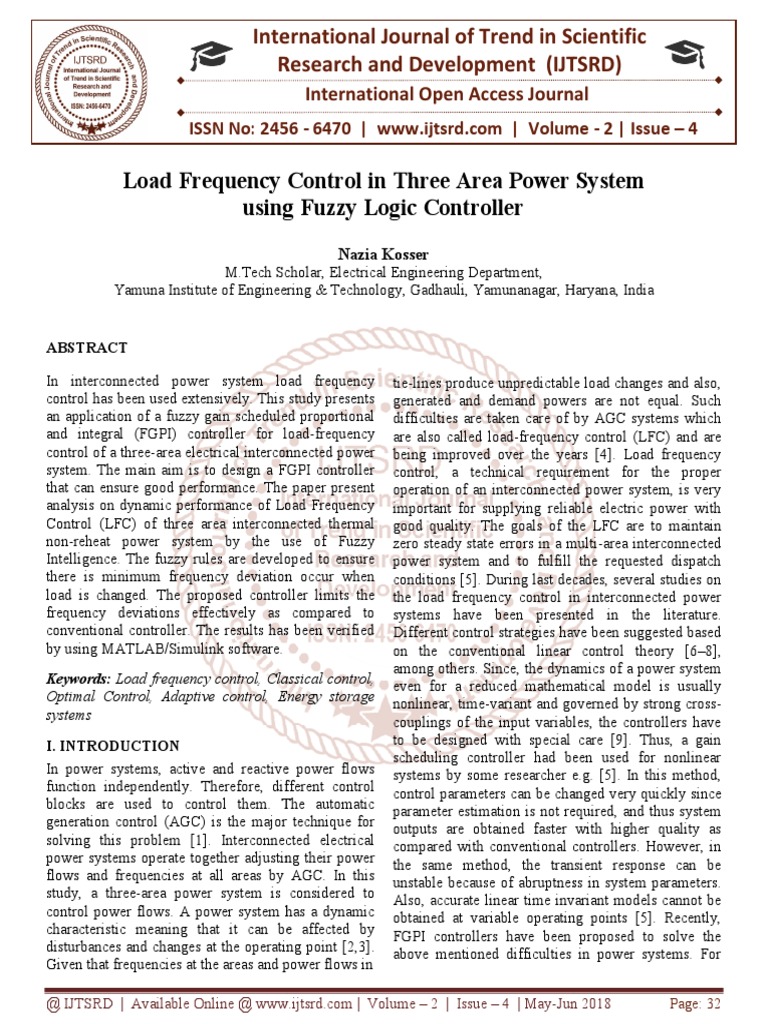 Load Frequency Control In Three Area Power System Using Fuzzy Logic Controller Pdf Control 