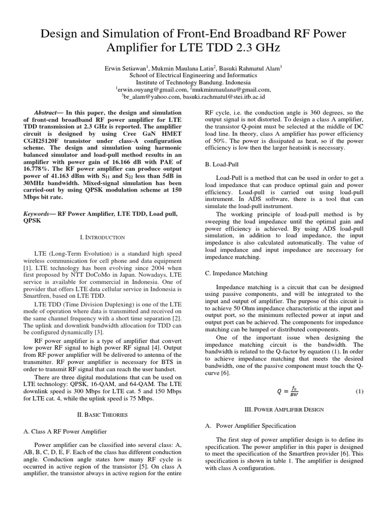 Design and Simulation of Front-End Broadband RF Power Amplifier for LTE ...