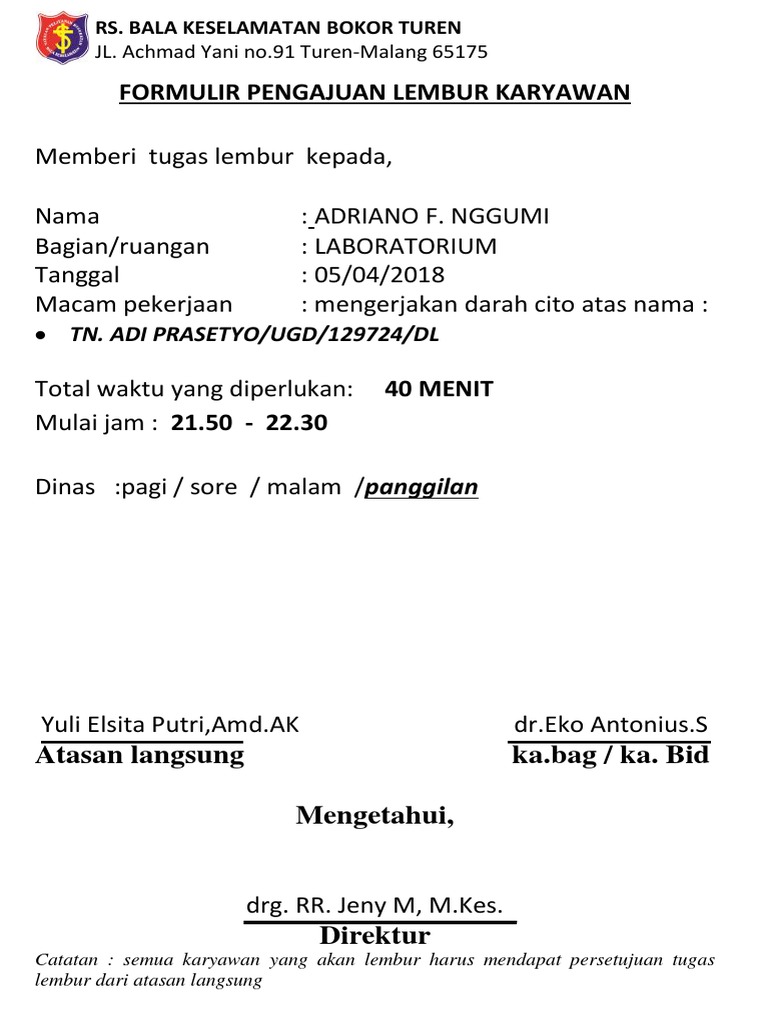 Formulir Pengajuan Lembur Karyawan | PDF