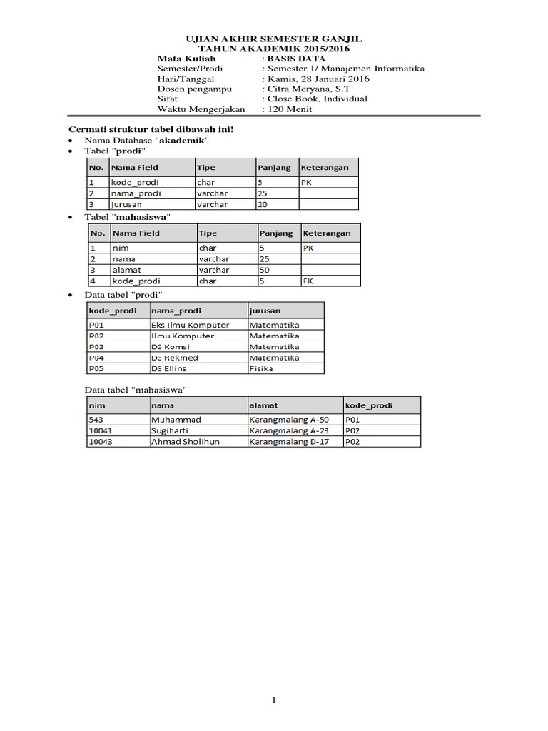 Soal UAS Basis Data Akademik 2016 | PDF