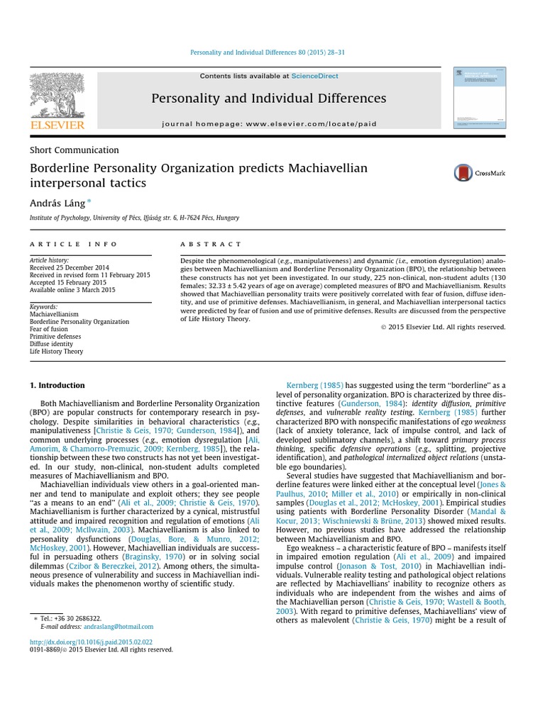 Borderline Personality Organization Predicts Machiavellian ...