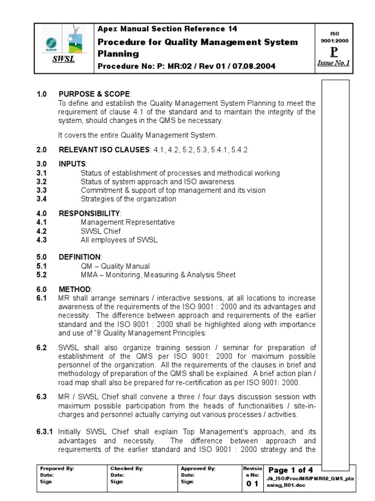 PMR02 QMS Planning R01 | PDF | Iso 9000 | Quality Management