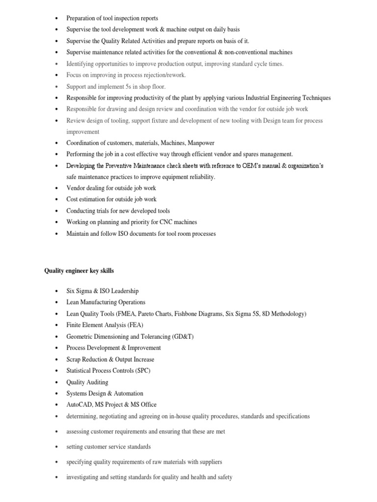 Quality Engineer Key Skills | PDF | Design | Lean Manufacturing