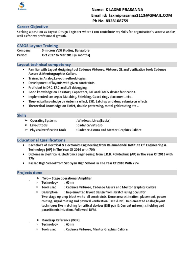 PRASANNAs.micron Resume for analog Layout Engineer | Electronic ...