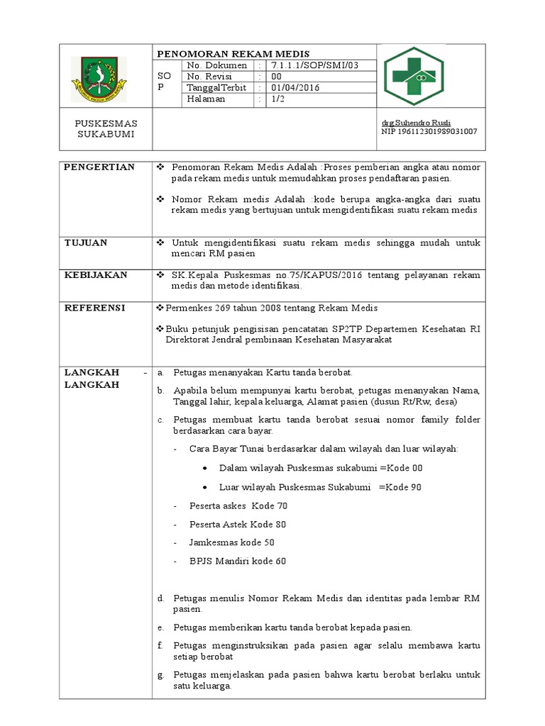7.1.1.a, C Spo Penomoran Rekam Medis | PDF