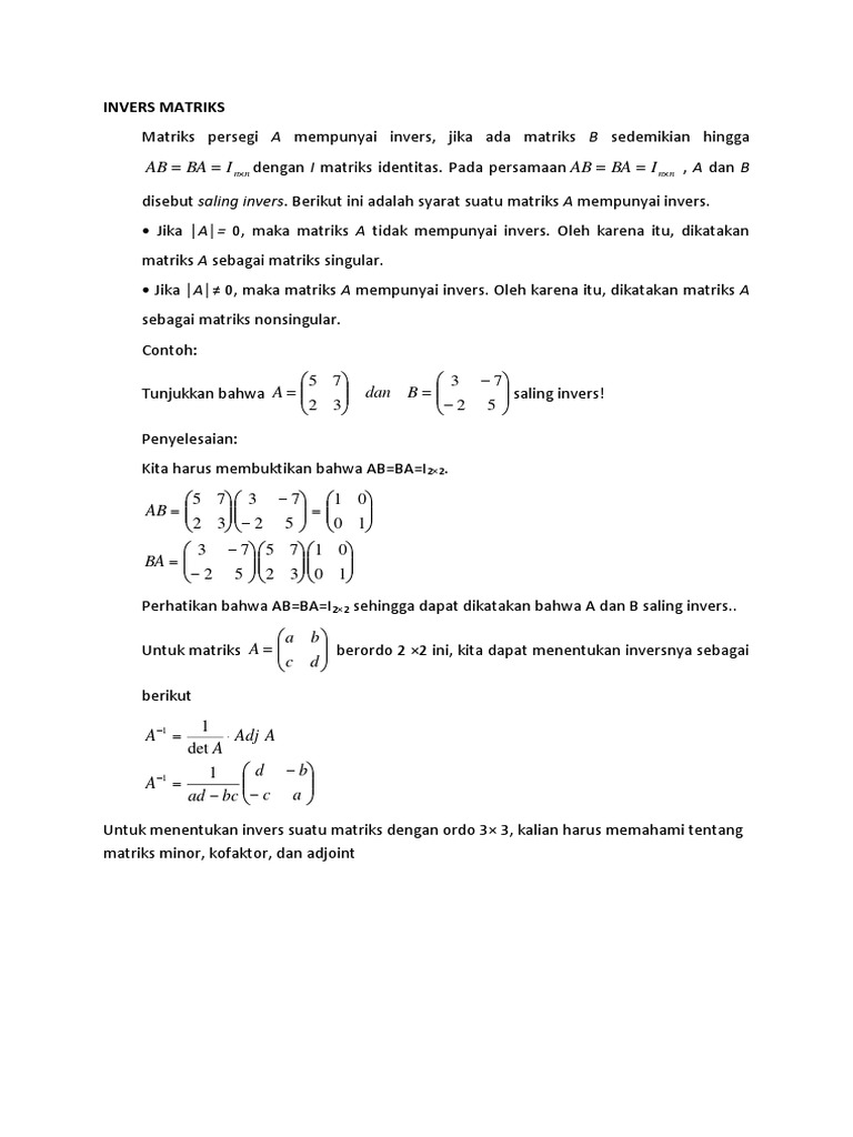 Invers Matriks: Syarat dan Contoh | PDF
