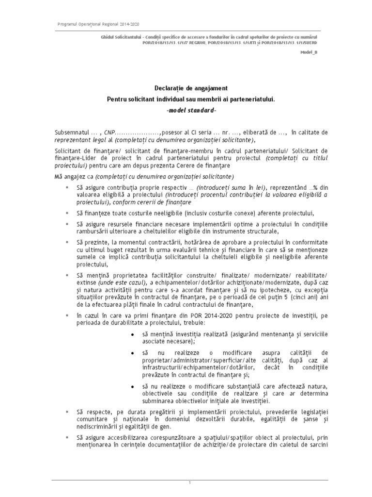 Model - B - Declaraţia de Angajament | PDF