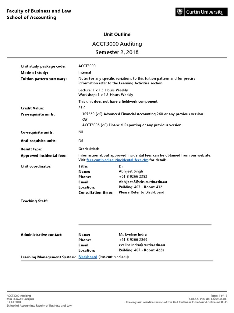 ACCT3000 Auditing Semester 2 2018 Miri Sarawak Campus INT | PDF | Audit ...