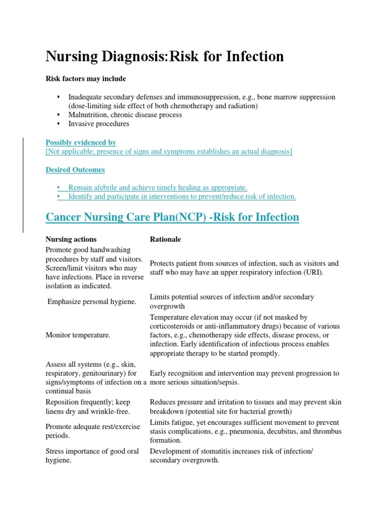 Cancer Nursing Care Plan (NCP) - Risk For Infection | Download Free PDF ...