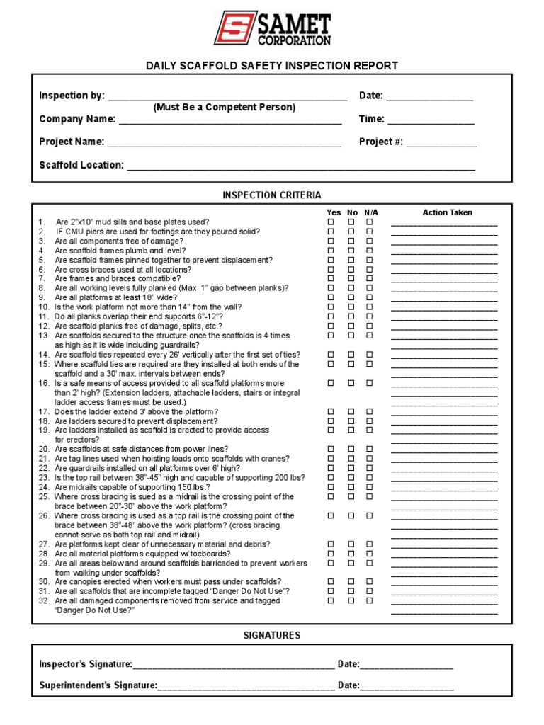 Samet Daily Scaffold Safety Inspection Report | PDF | Scaffolding ...