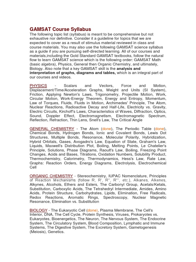 GAMSAT Course Syllabus | PDF | Chemical Bond | Chemical Reactions