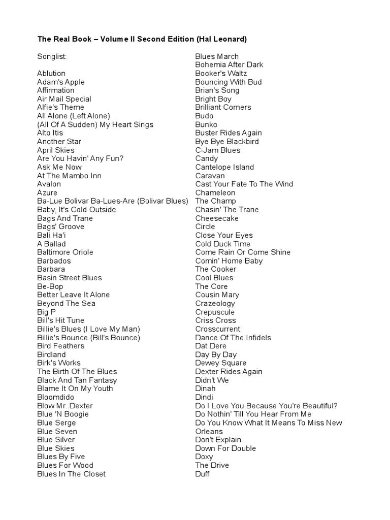 Hal Leonard The Real Book Volume II Songlist PDF | PDF | Jazz Music ...