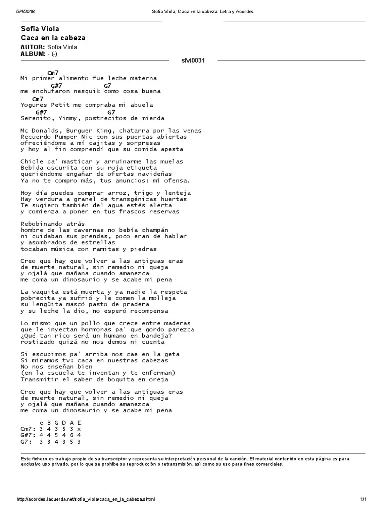 Sofia Viola, Caca en La Cabeza - Letra y Acordes | PDF | Comida y ...