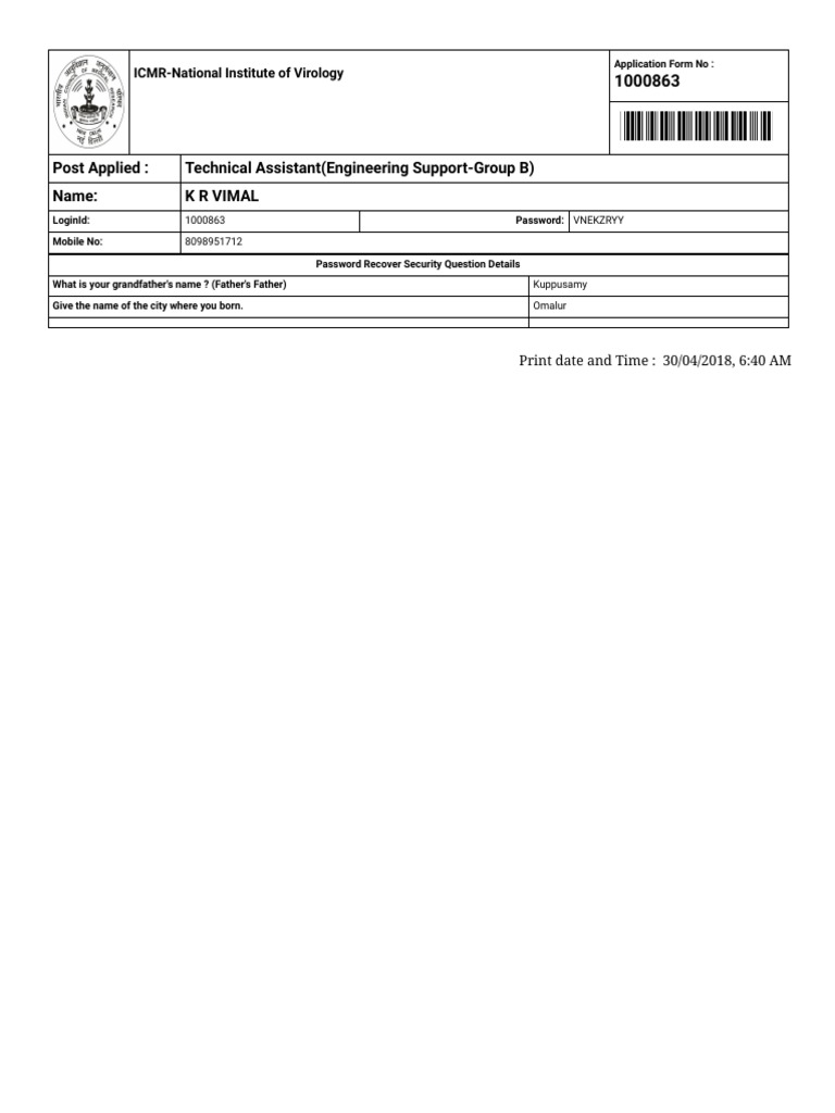 Post Applied: Technical Assistant (Engineering Support-Group B) Name: K R Vimal | PDF