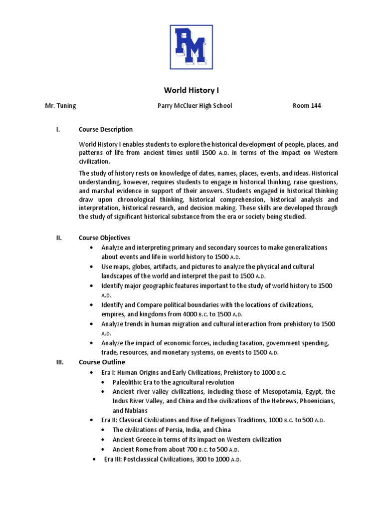 World History I Syllabus | PDF | Homework | Civilization