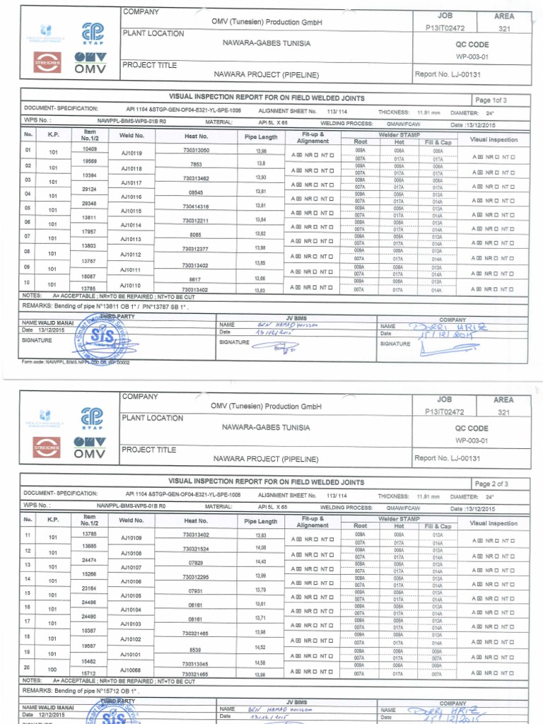 Pipeline Welding Visual Inspection Report | PDF