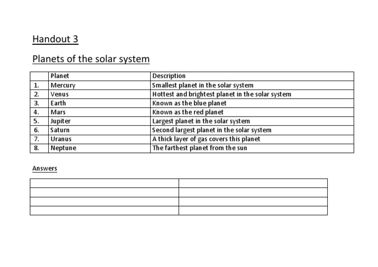 Planets of Our Solar System Handout | PDF