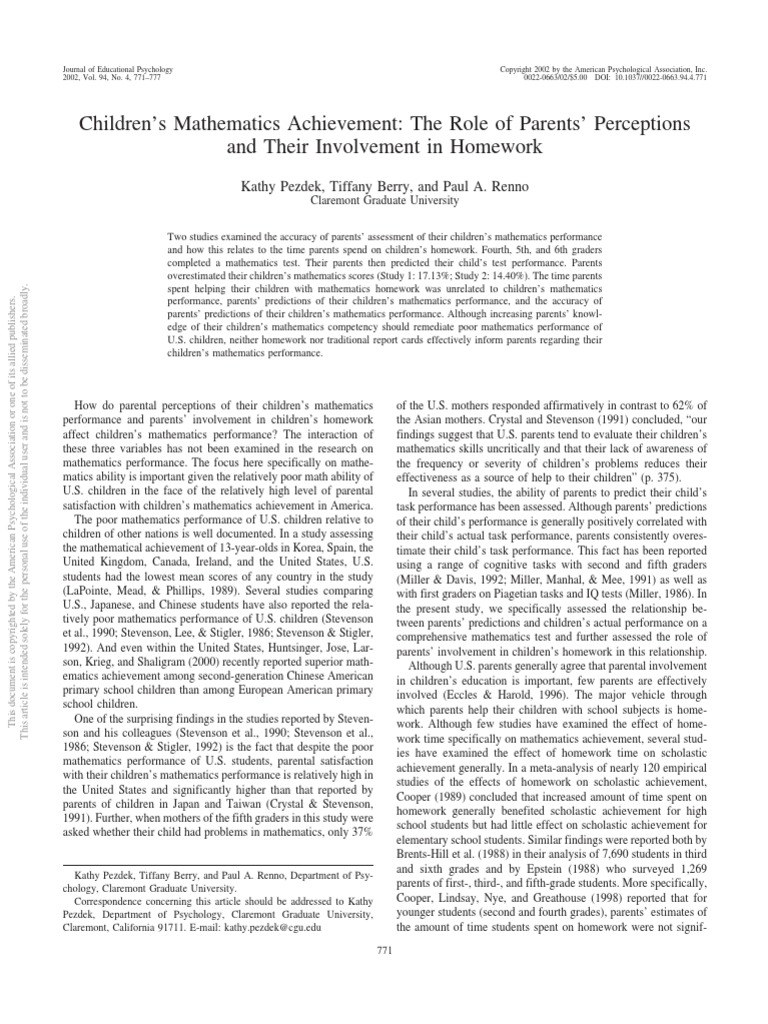 Children's Mathematics Achievement: The Role of Parents' Perceptions ...