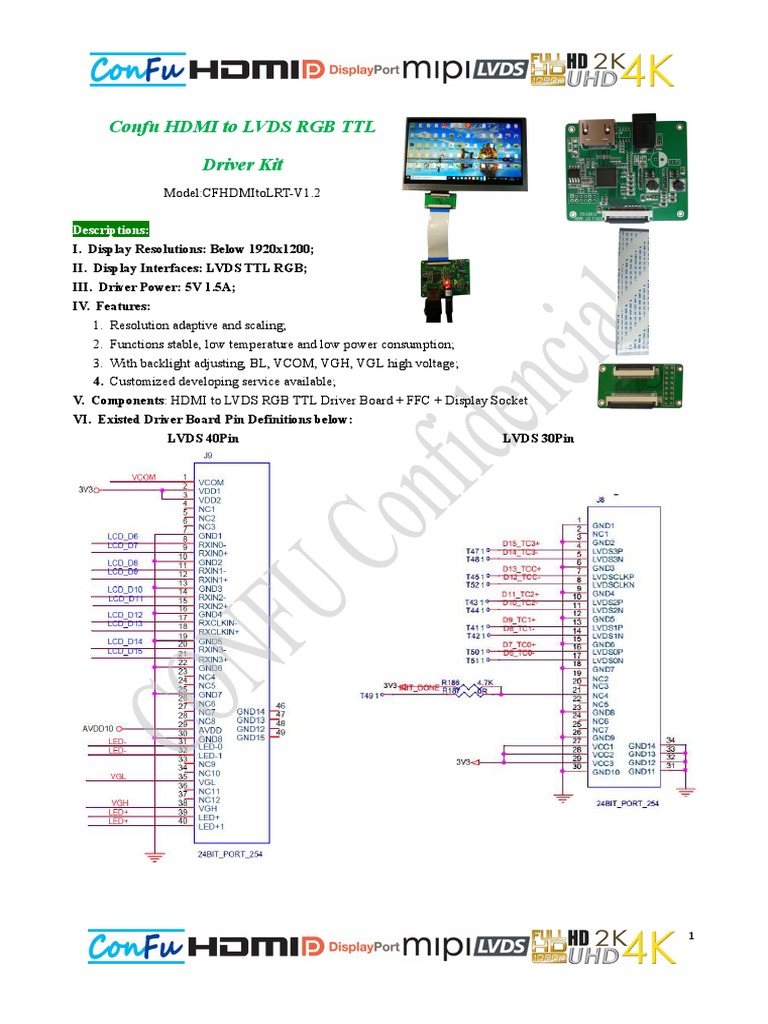 Confu HDMI To LVDS RGB TTL Driver - Specification V1802 | PDF