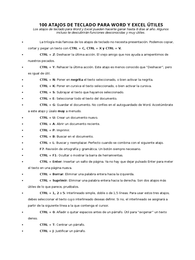 100 Atajos de Teclado para Word y Excel Útiles | PDF | Ventana ...