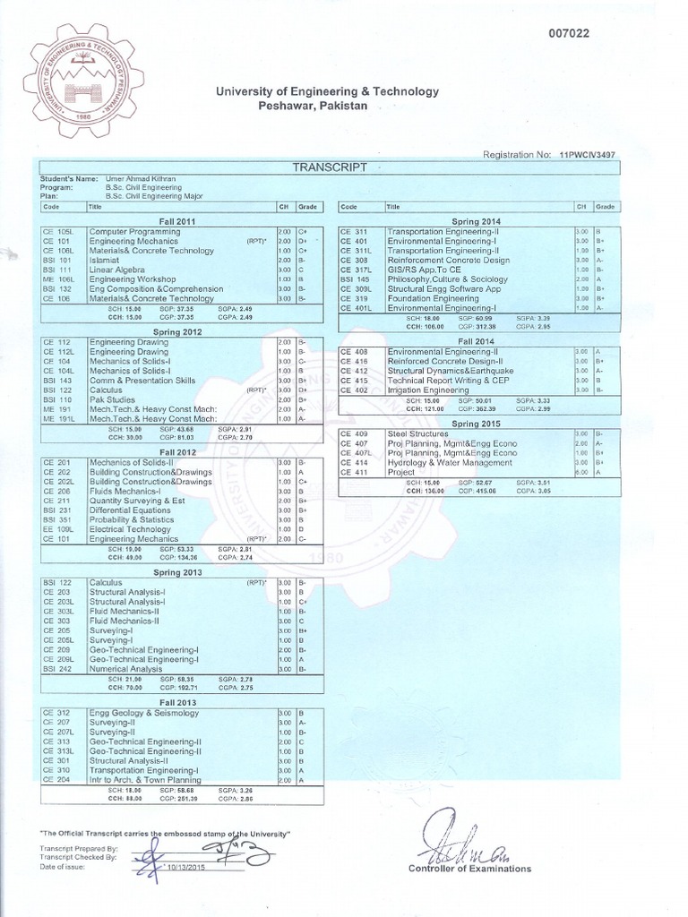 BSC Civil Engineering Transcript PDF | PDF