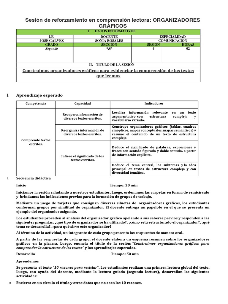 Sesión de Reforzamiento en Comprensión Lectora ORGANIZADORES GRAFICOS ...