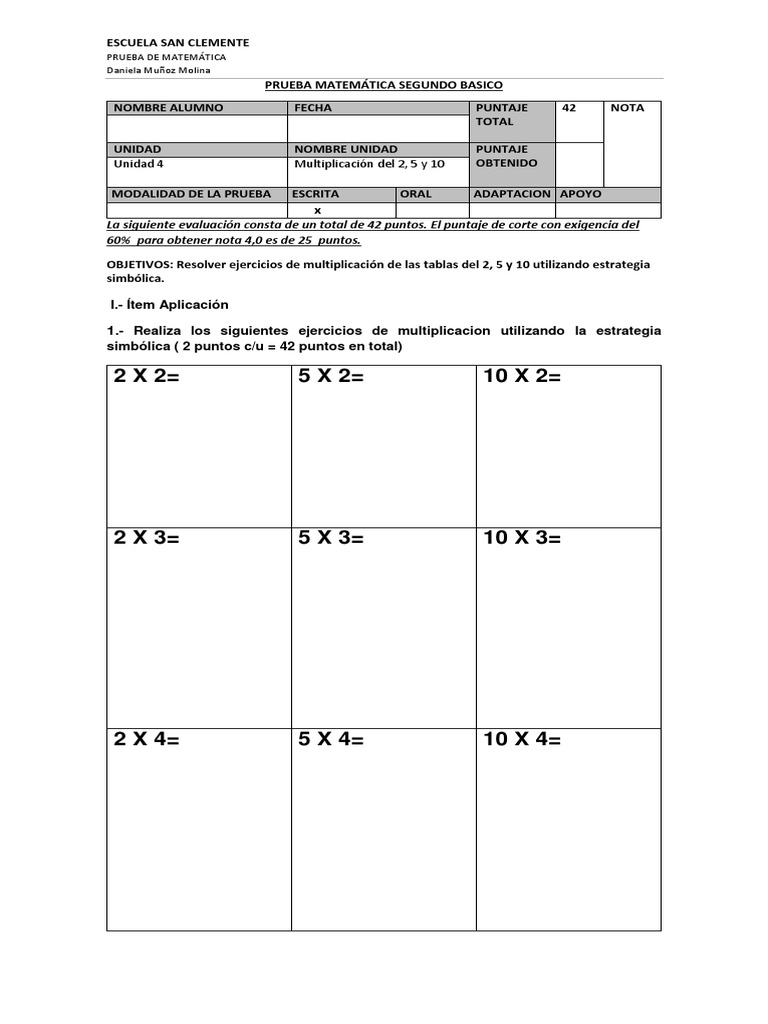 Prueba de Multiplicación 2° Básico | PDF