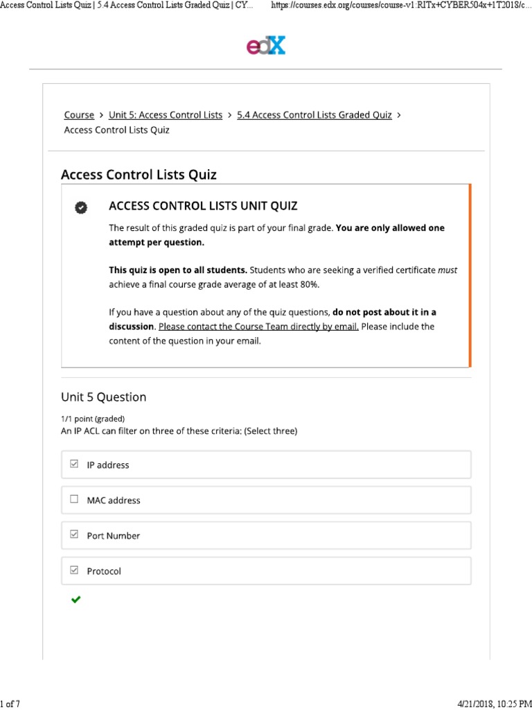 Access Control Lists Quiz Answers | PDF