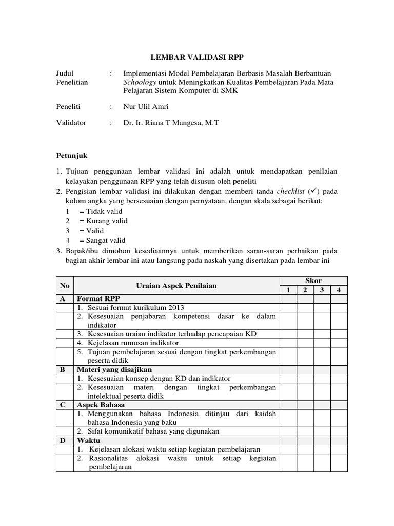 Lembar Validasi RPP Bu Riana | PDF