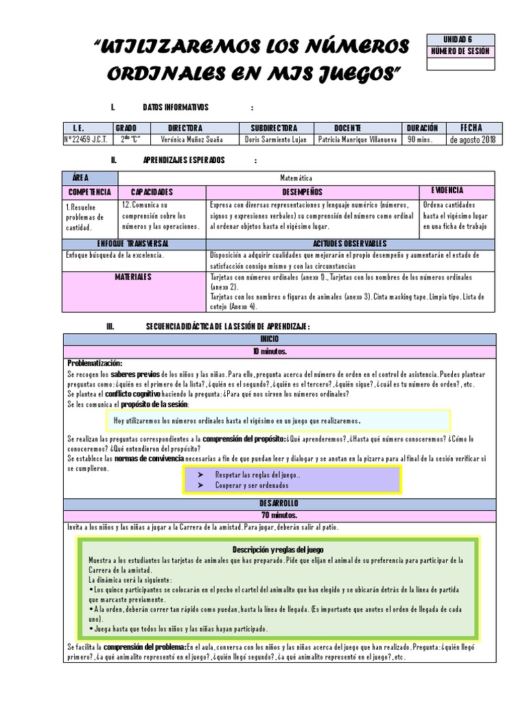 Sesión de Aprendizaje Números Ordinales | PDF | Aprendizaje | Sicología
