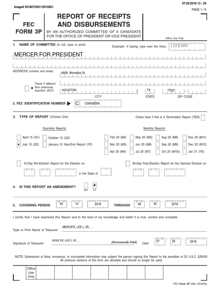 Report of Receipts and Disbursements: FEC Form 3P | PDF | Tax Refund ...