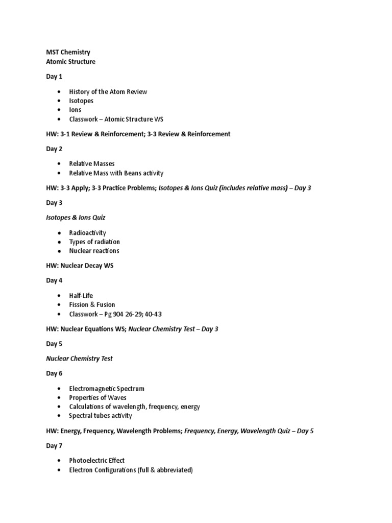 MST Chemistry Calendar Atomic Structure | PDF | Nuclear Physics | Atoms